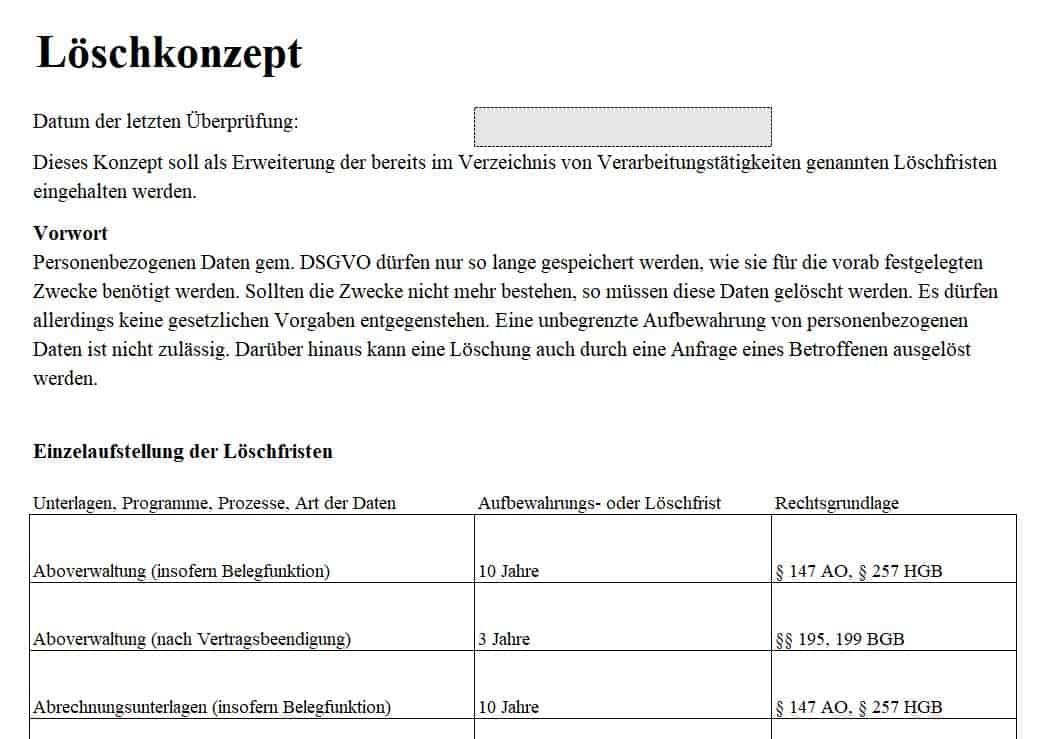 Muster für ein Löschkonzept nach DSGVO in Excel - DSGVO-Vorlagen